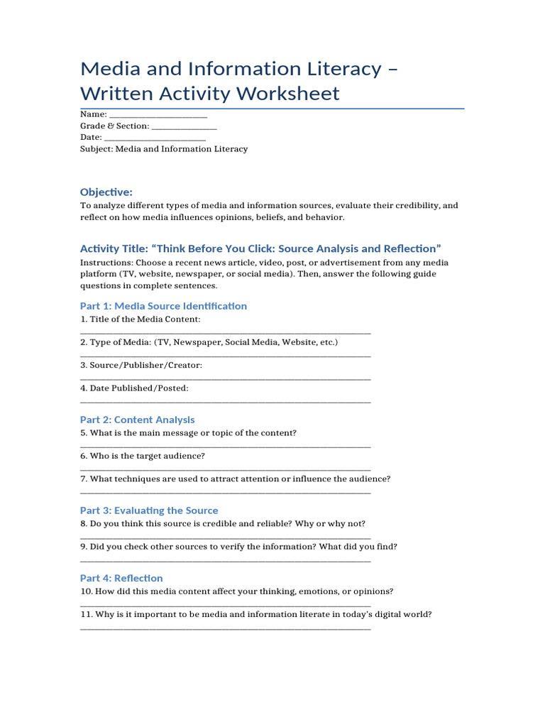 Media Literacy Worksheet Activity | PDF