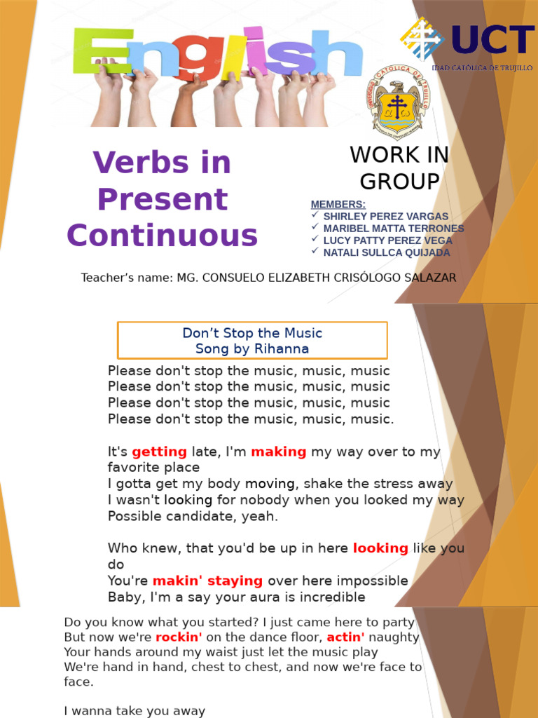 WORK IN GROUP Verbs in Present Continuous | PDF