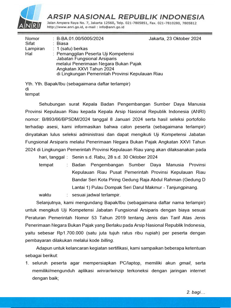 Surat Pemanggilan Peserta Sertifikasi SDMK PNBP XXVI_KEPRI_reviu ...