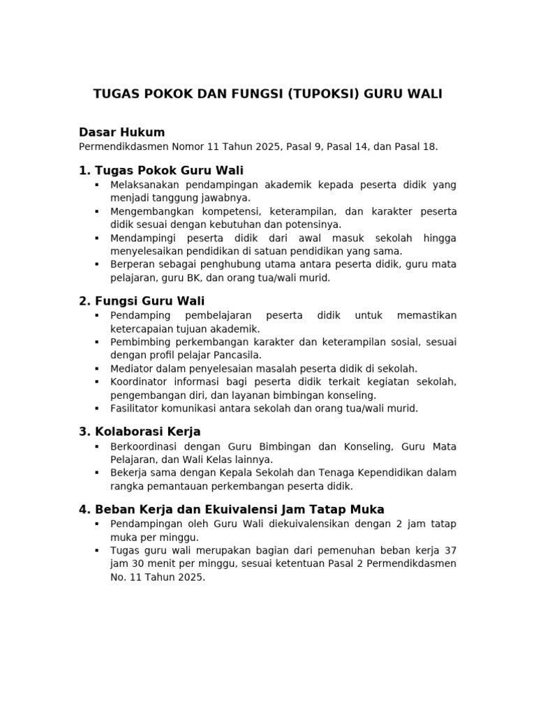 Tupoksi Guru Wali Permendikbud 11 2025 | PDF