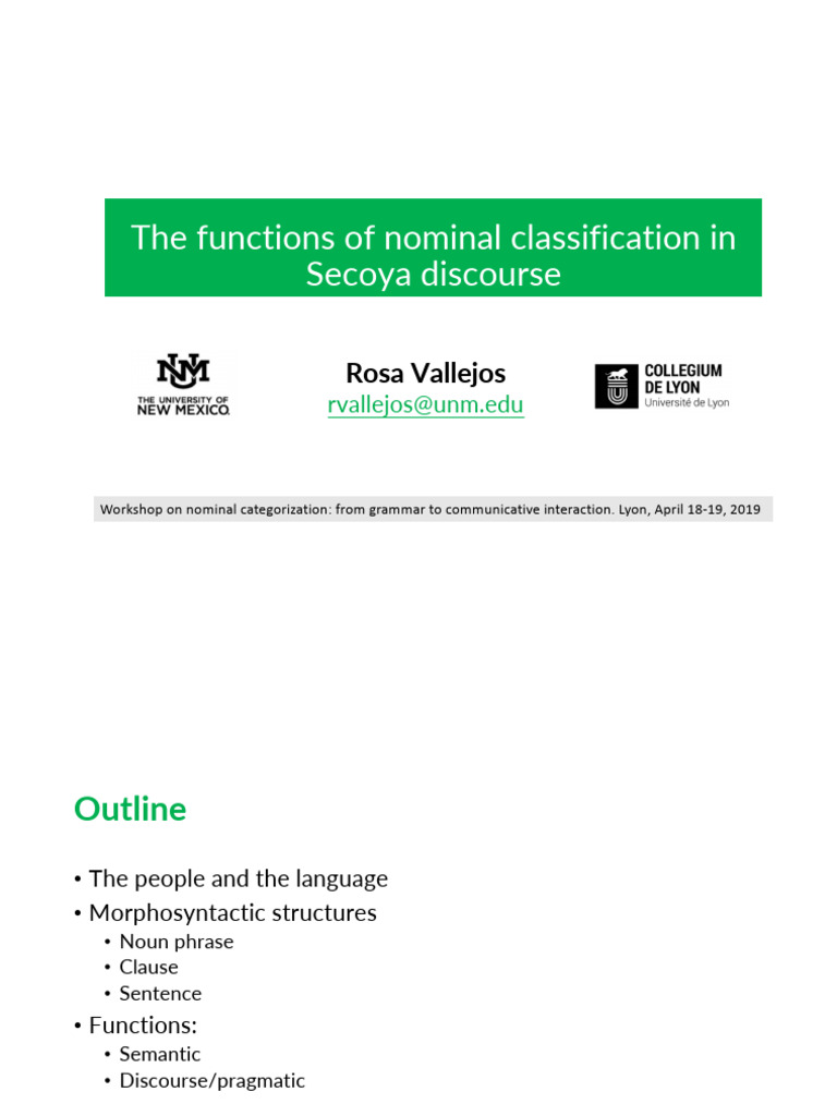 Vallejos - The Functions of Nominal Classification in Secoya Discourse | PDF | Grammatical ...