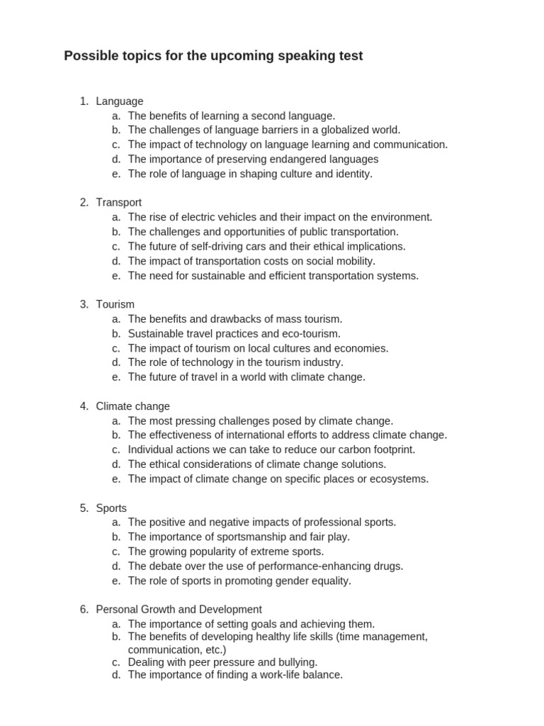 S10 Possible Topics For The Speaking Exam | PDF | Climate Change | Tourism