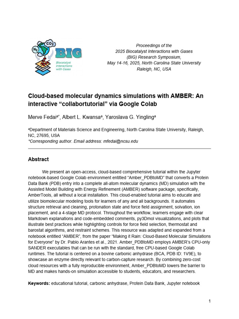 Cloud-Based Molecular Dynamics Simulations With AMBER - An Interactive ...