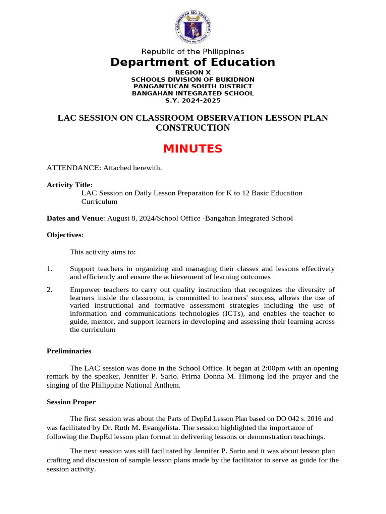 Lac Class Observation Minutes | PDF | Lesson Plan | Teachers