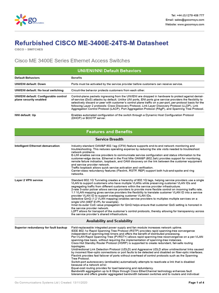 Cisco ME-3400E-24TS-M Datasheet | PDF | Computer Network | Quality Of ...