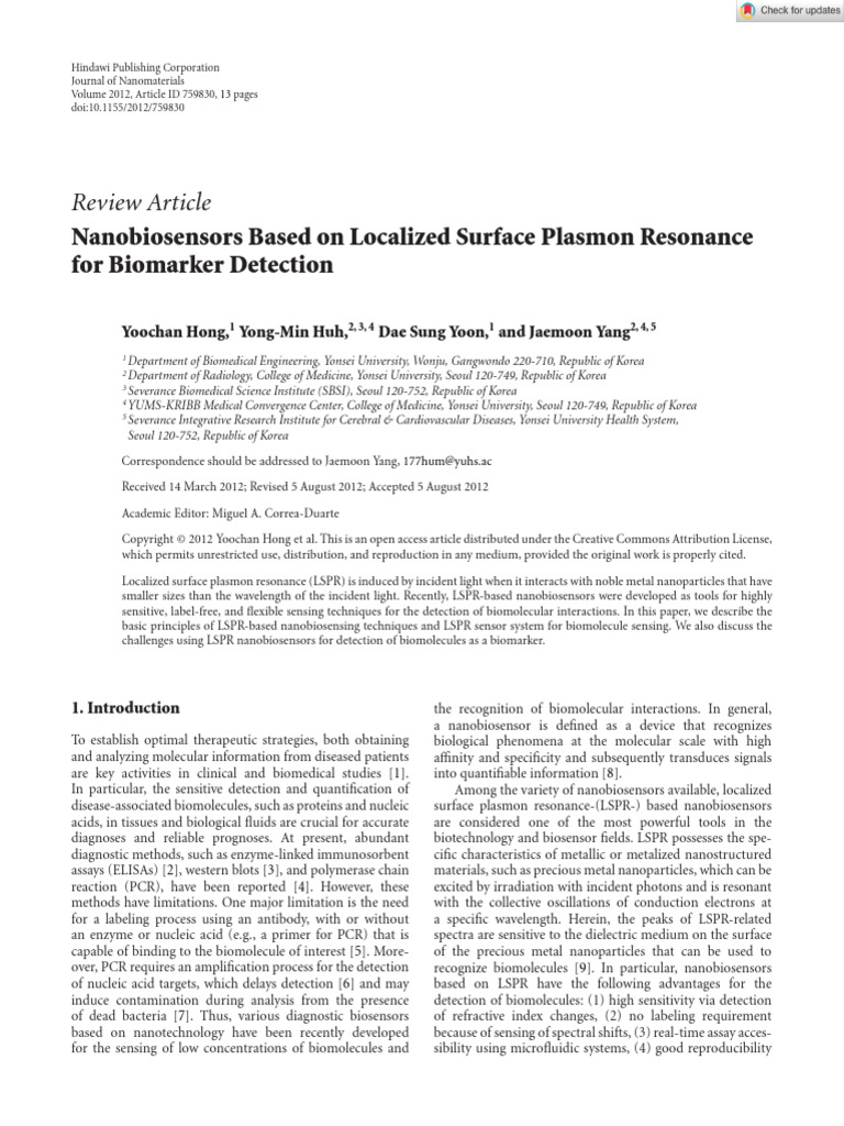 (Hong Et Al 2012) Nanobiosensors Based On Localized Surface Plasmon Resonance For Biomarker ...