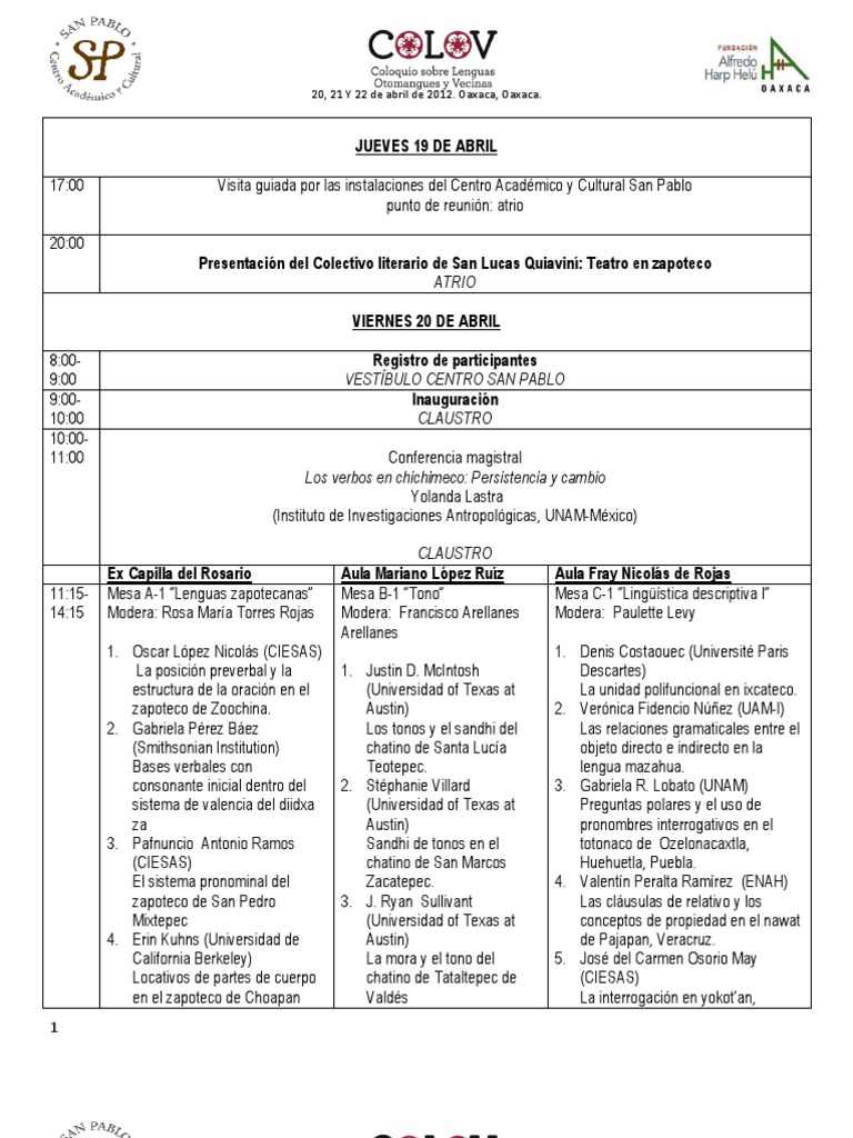 Programa Del V Coloquio Sobre Lenguas Otomangues y Vecinas. | PDF ...