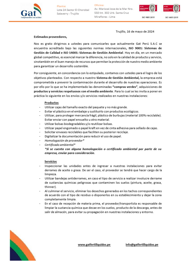 Compromiso Ambiental de Gat Perú S.A.C. | PDF | Papel | Residuos