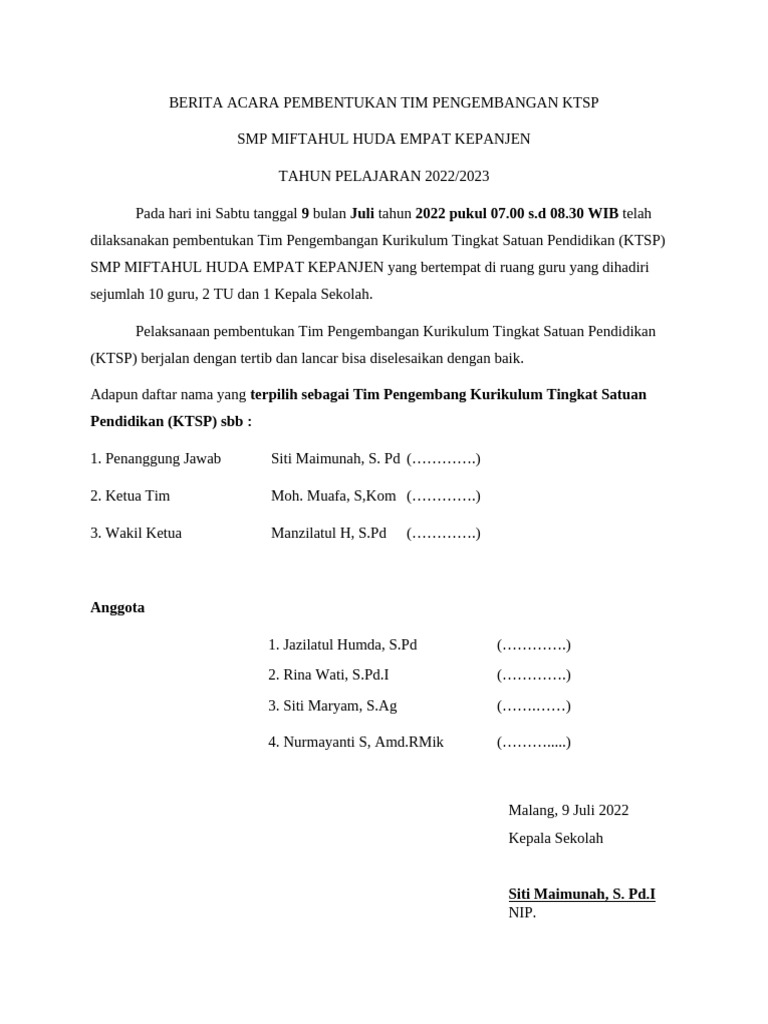 Berita Acara Pembentukan Tim Pengembangan KTSP | PDF