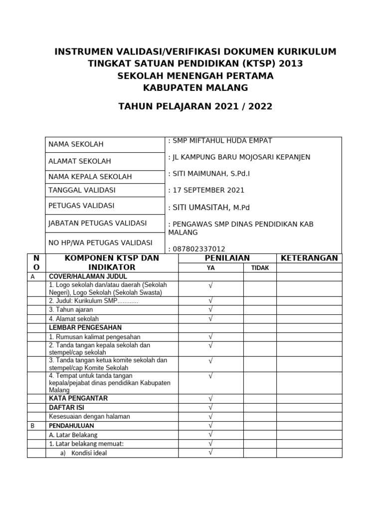 Dokumen Validasi KTSP 2021 2022 Kepanjen 1 | PDF