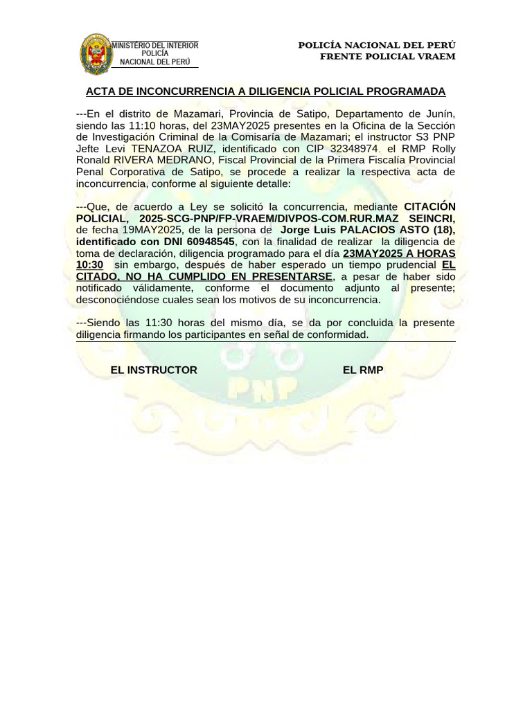 Acta de Inconcurrencia de Nilda Hurto | PDF