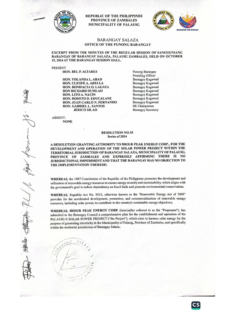 Brgy. Resolution of No Objection | PDF