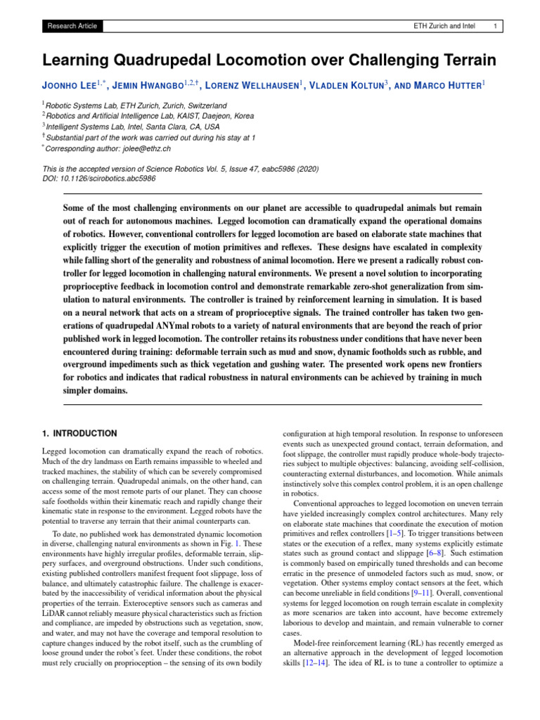 Learning Quadrupedal Locomotion Over Challenging Terrain | PDF | Robotics
