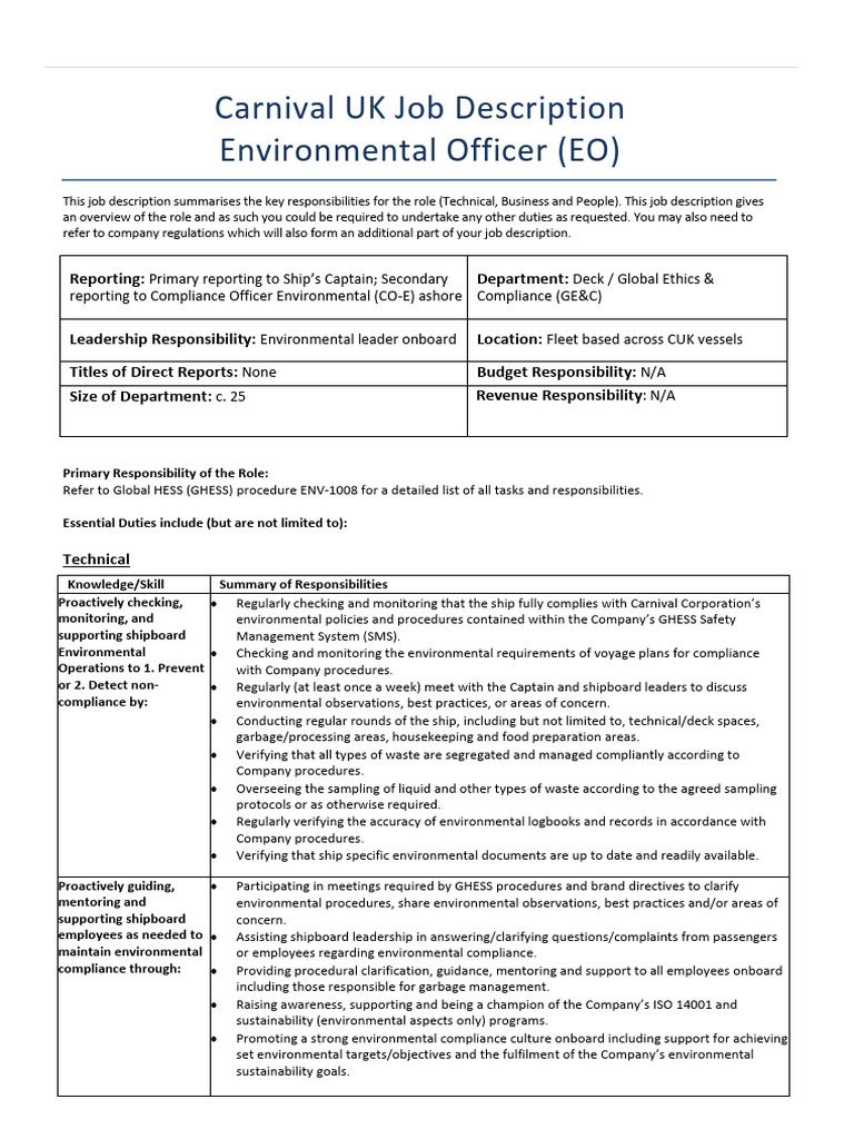 CUK Environmental Officer JD May 2024 | PDF | Audit | Regulatory Compliance