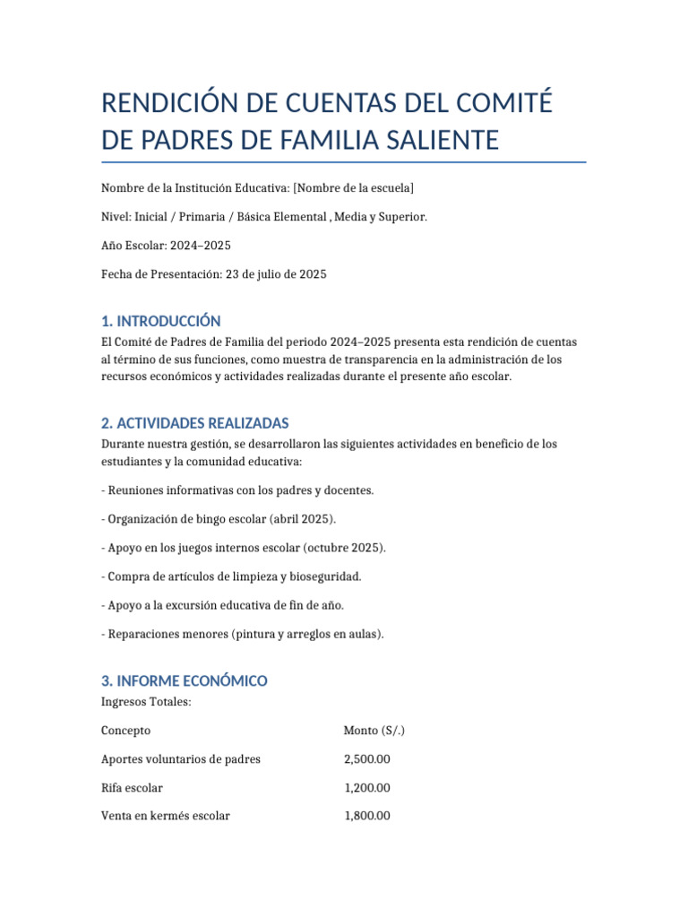 Rendición de Cuentas 2024-2025 Padres | PDF