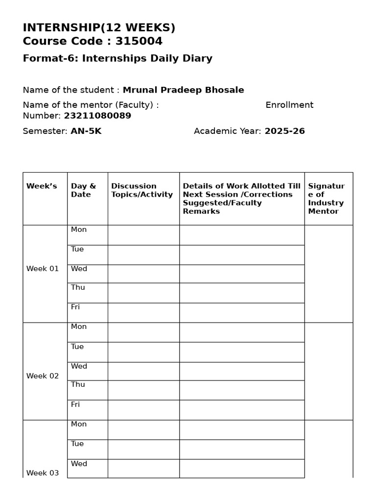 Internships Daily Diary Aiml Dept | PDF