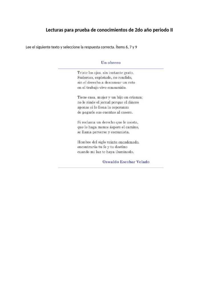 Lecturas para Prueba de Conocimientos de 2do Año Periodo II | PDF