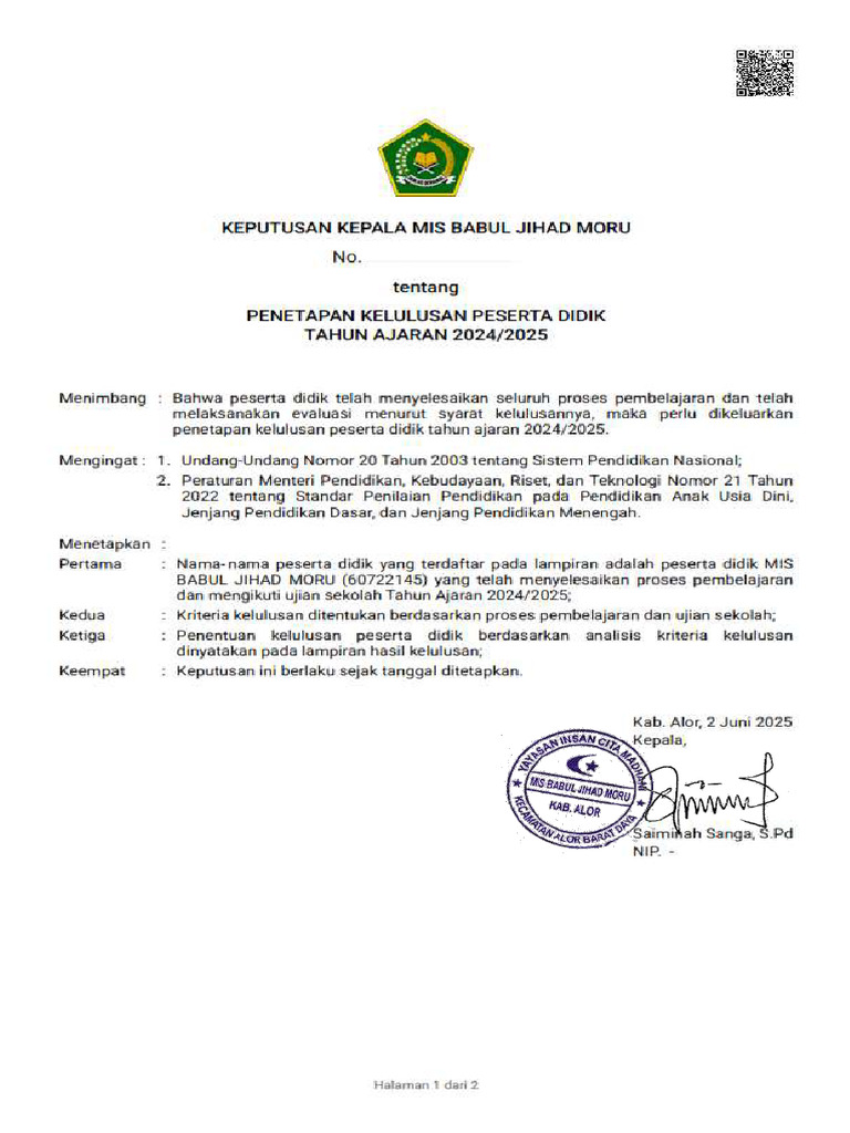 SK Kelulusan Mis Moru Upload | PDF