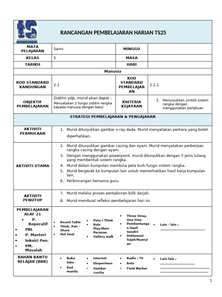 RPH SN Tahun 5 Unit 2 Manusia | PDF