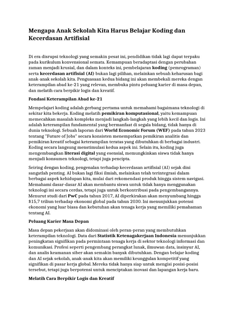 Mengapa Anak Sekolah Kita Harus Belajar Koding Dan Kecerdasan Artifisial | PDF