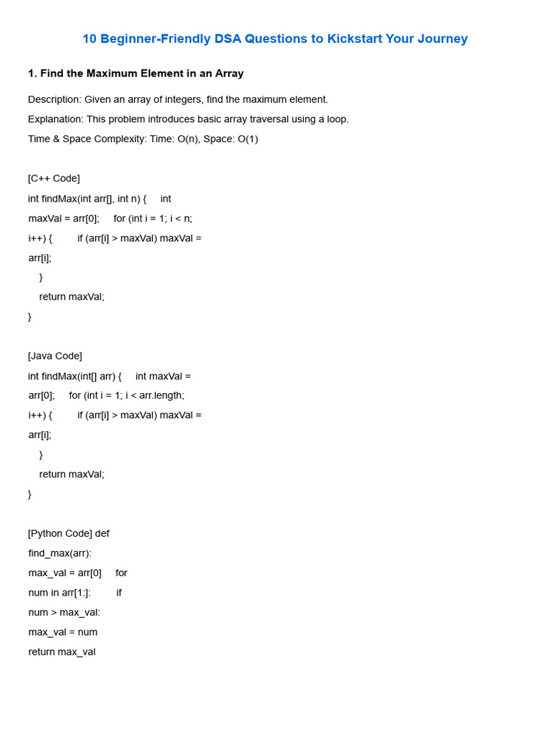 10 Beginner DSA Questions | PDF | Integer (Computer Science) | Software Development