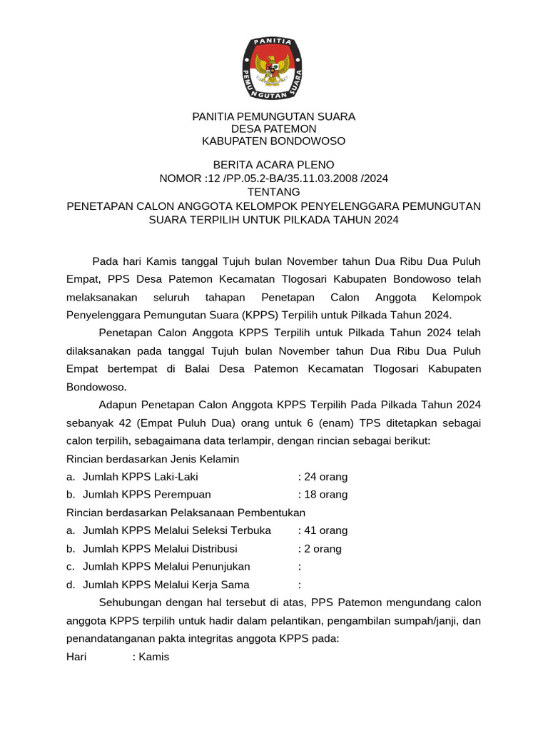 0 Berita Acara Pps Penetapan Kpps Terpilih | PDF