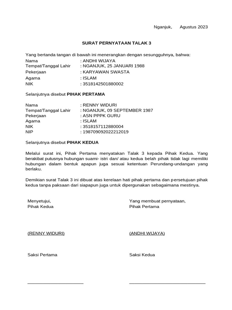 Surat Pernyataan Talak 3 Andhi dan Renny | PDF