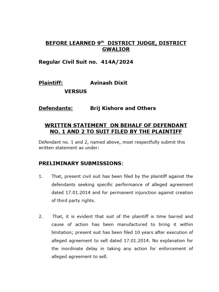 Written Statement Brij Ksihore Suit Specific Performance | PDF ...
