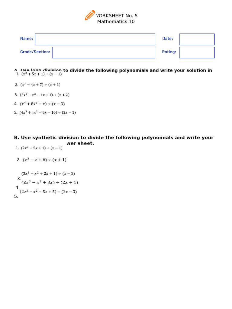 Polynomial Division Worksheet | PDF