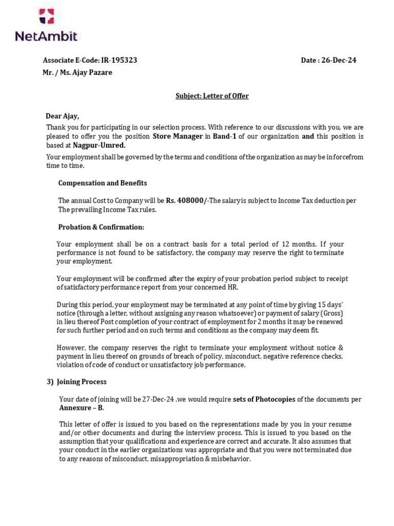 Store Manager Offer Letter for Ajay Pazare | PDF | Identity Document ...