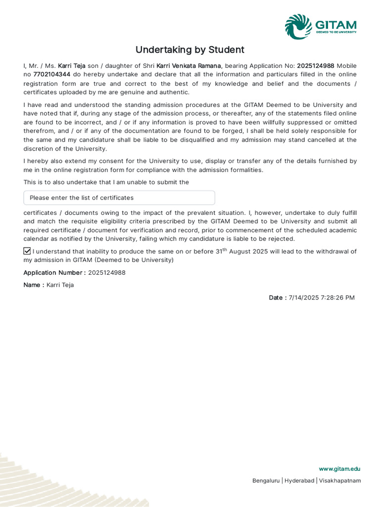 Undertaking by Student | PDF