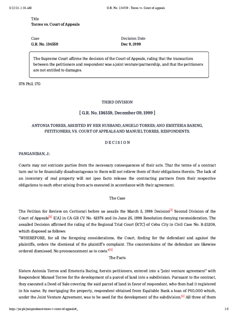 Supreme Court Ruling on Torres vs. CA | PDF | Lawsuit | Consideration