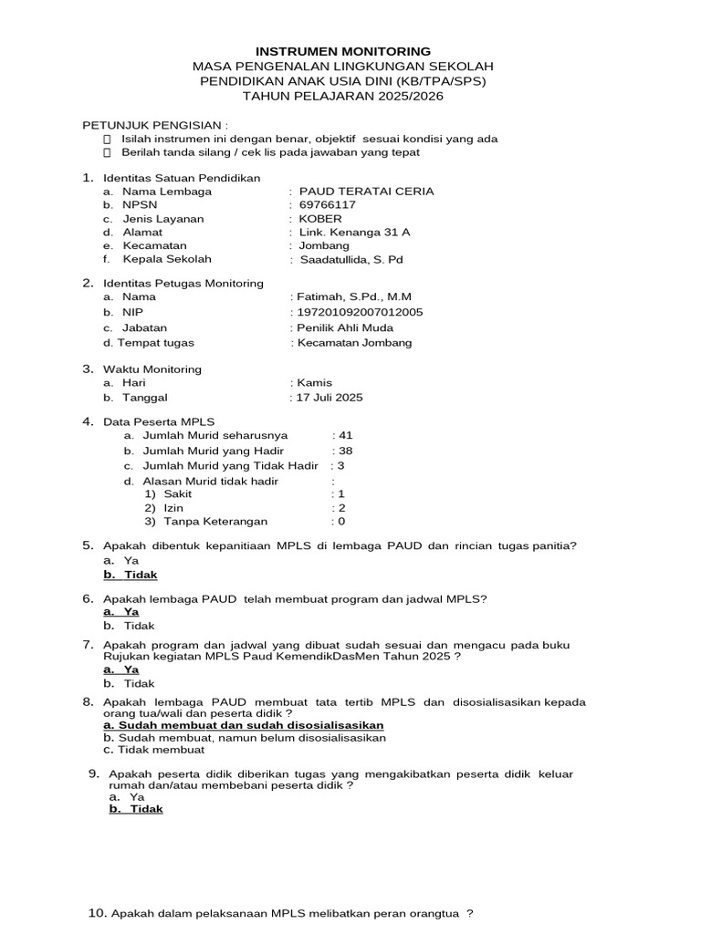 Form Instrumen Monev Mpls-Paud-2025 | PDF