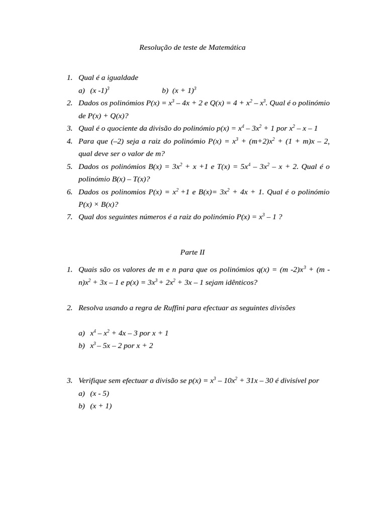 Teste de Matemática: Polinômios e Raízes | PDF