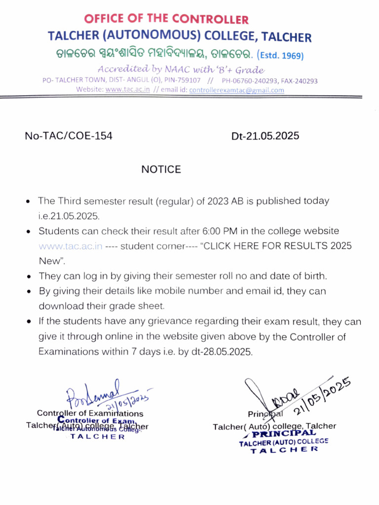 YCCE 2025 Third Semester Results Notice | PDF