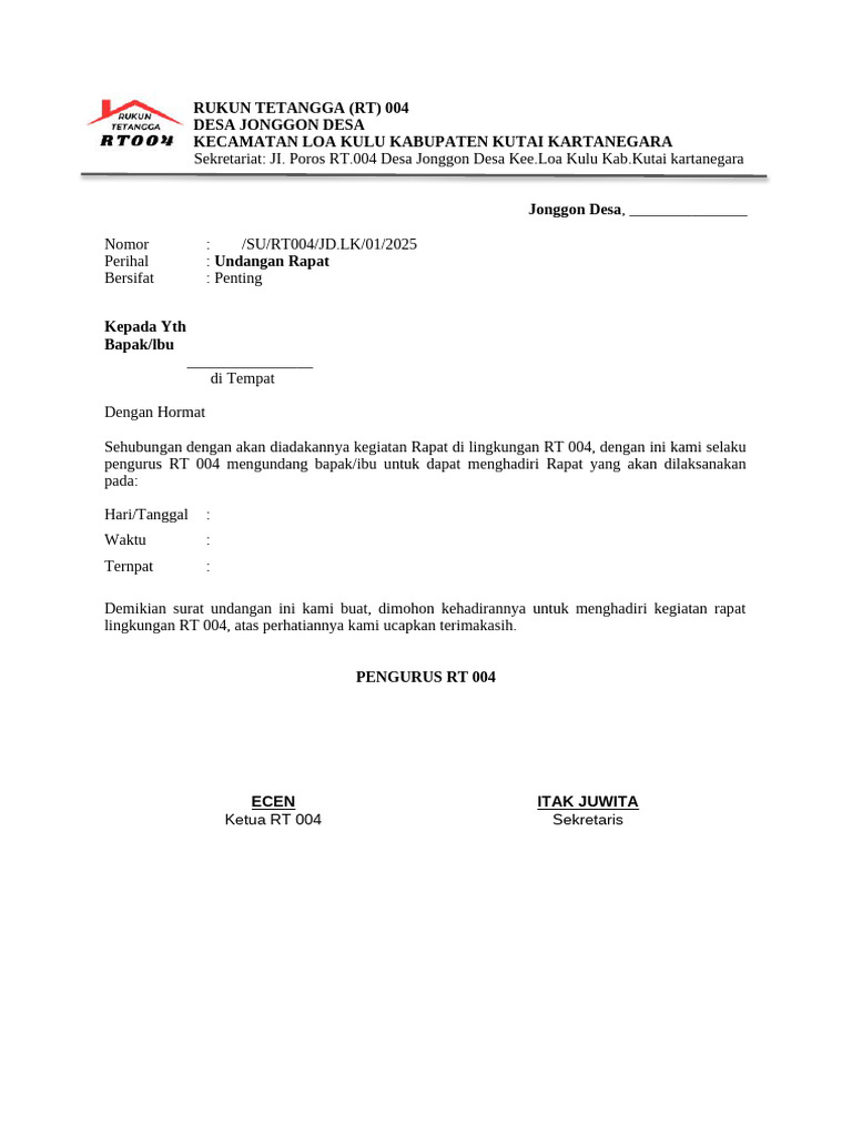 Undangan Rapat RT 004 | PDF