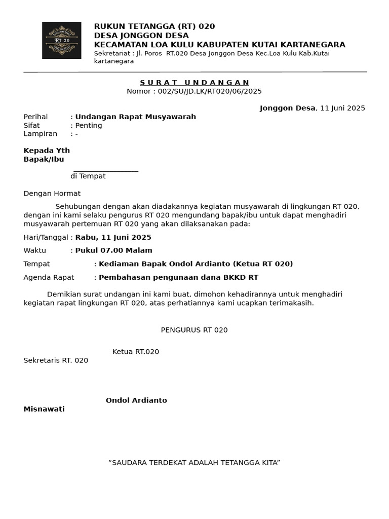 Undangan Rapat Musyawarah RT 020 | PDF