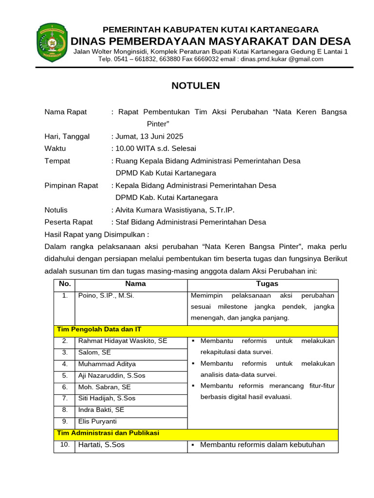 Notulensi Rapat Pembentukan Tim Aksi | PDF