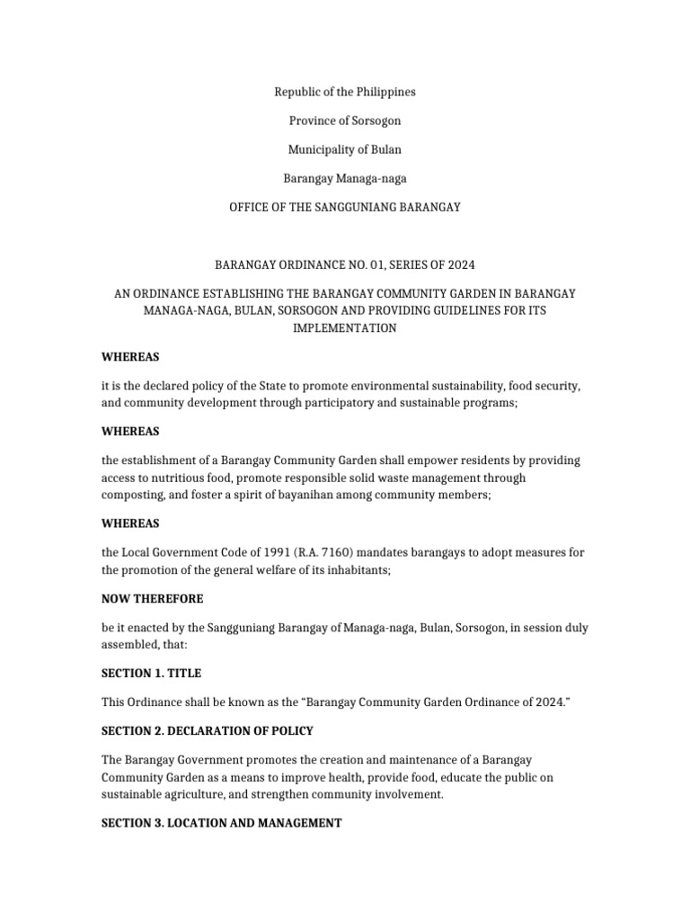 Barangay Community Garden Ordinance 2024 | PDF | Compost | Waste Management