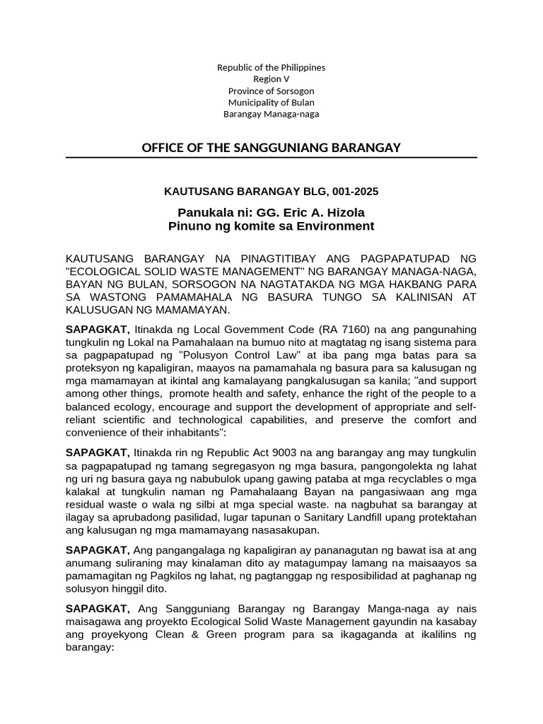 Barangay Solid Waste Management Ordinance | PDF