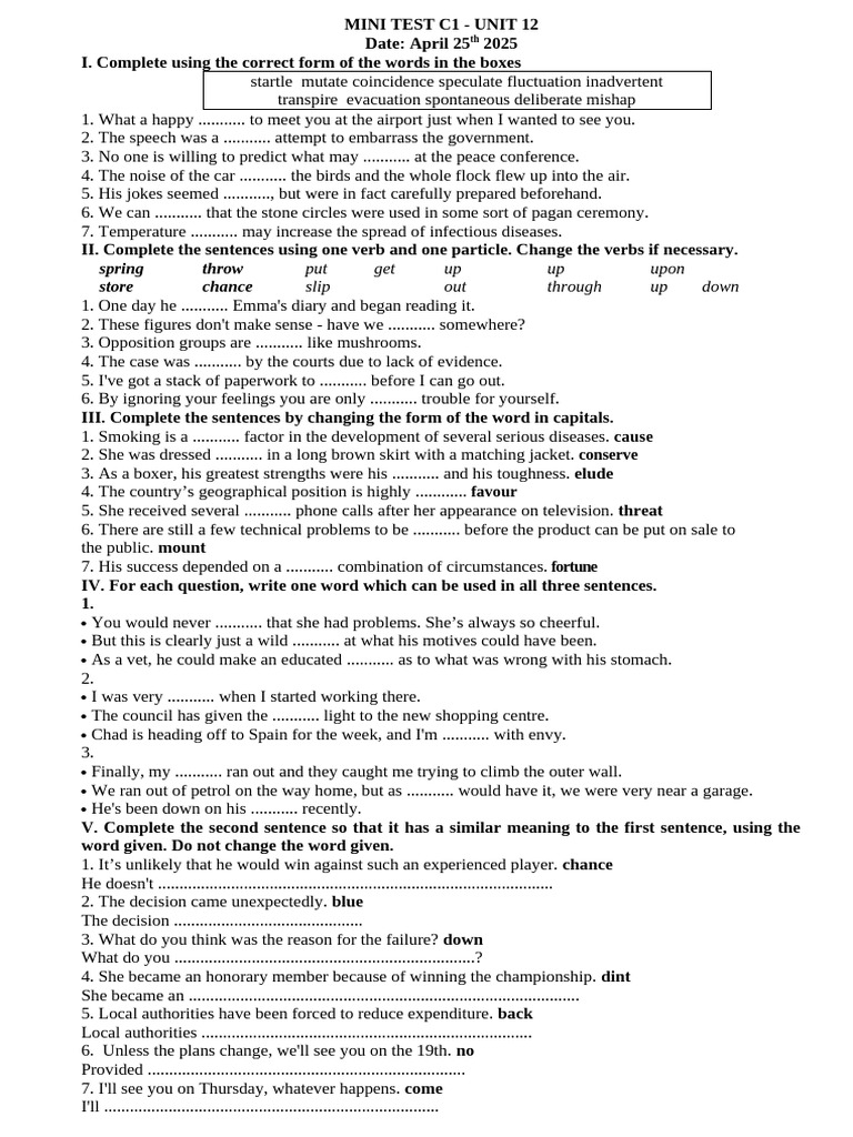 C1 Mini Test Unit 12 Practice | PDF