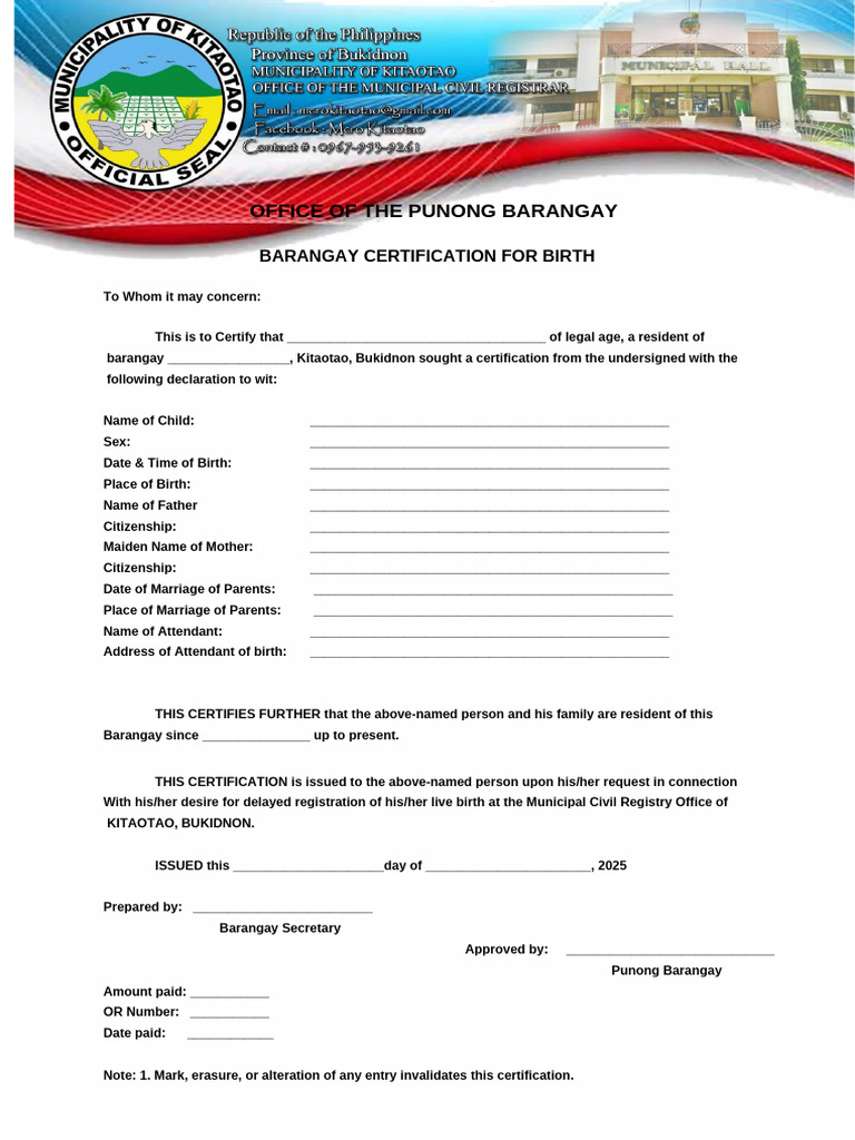 Barangay Certification for Birth Registration | PDF | Human Rights ...
