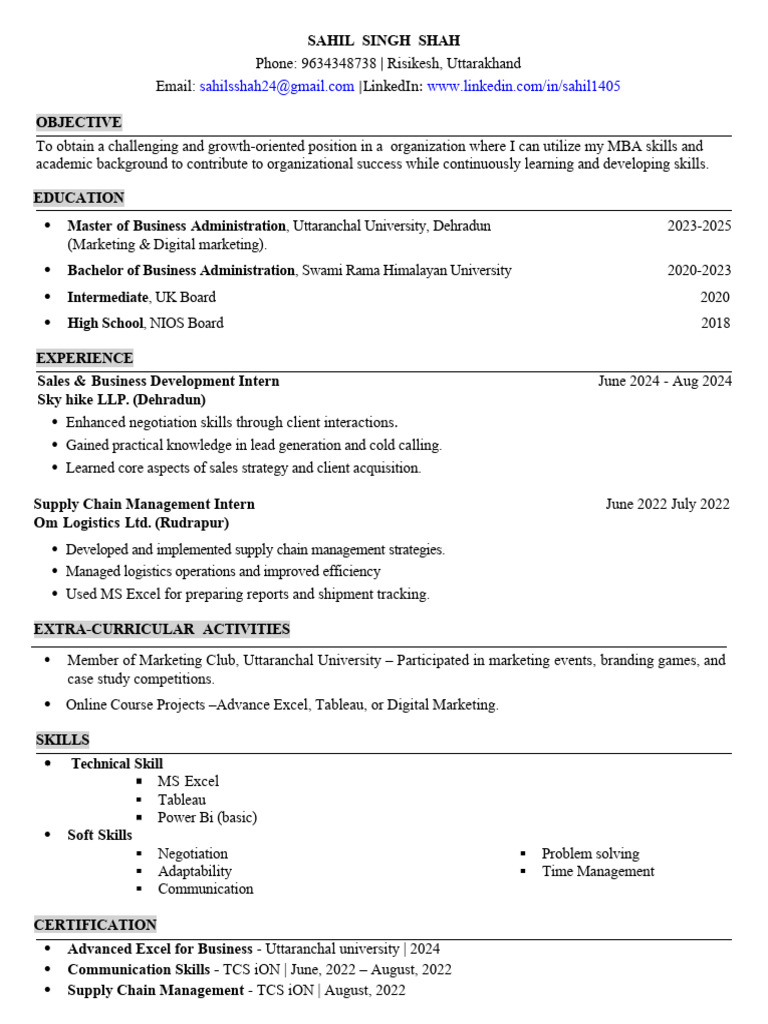Sahil Singh Shah Resume | PDF