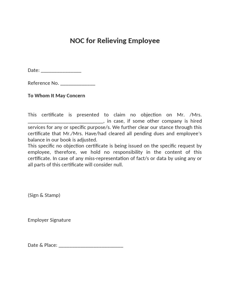 NOC Certificate for Resigning Employee | PDF