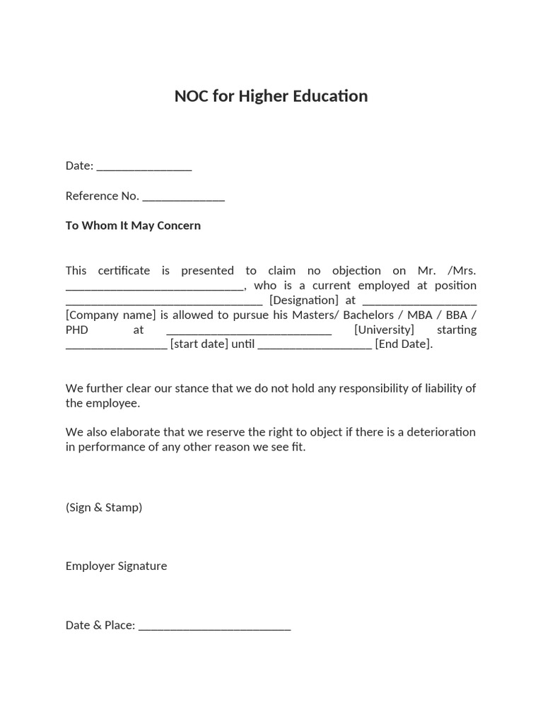 NOC for Higher Education Certificate | PDF