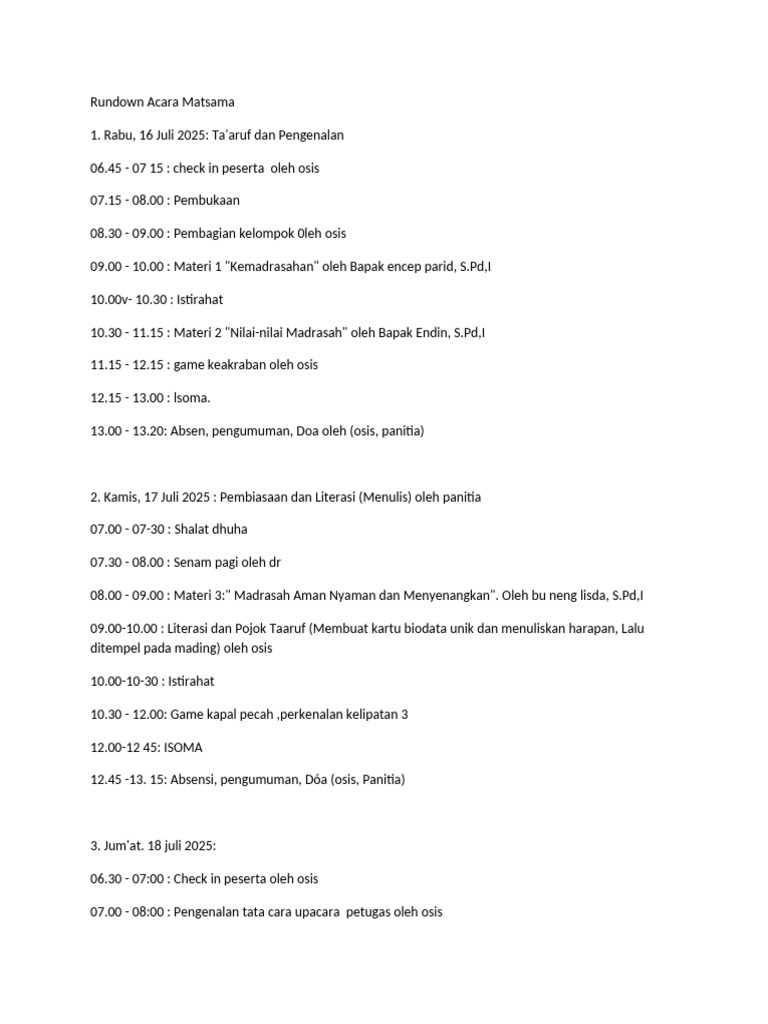 Rundown Acara MATSAMA | PDF