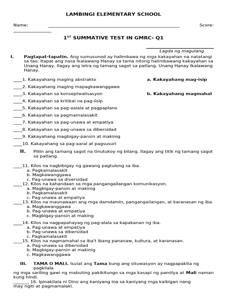 q1 - 1st Summative g4 | PDF
