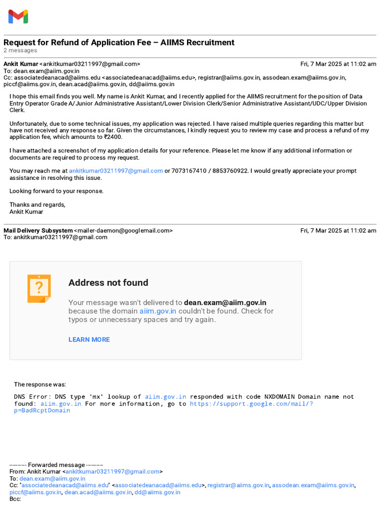 Gmail - Request For Refund of Application Fee - AIIMS Recruitment | PDF | Domain Name System ...