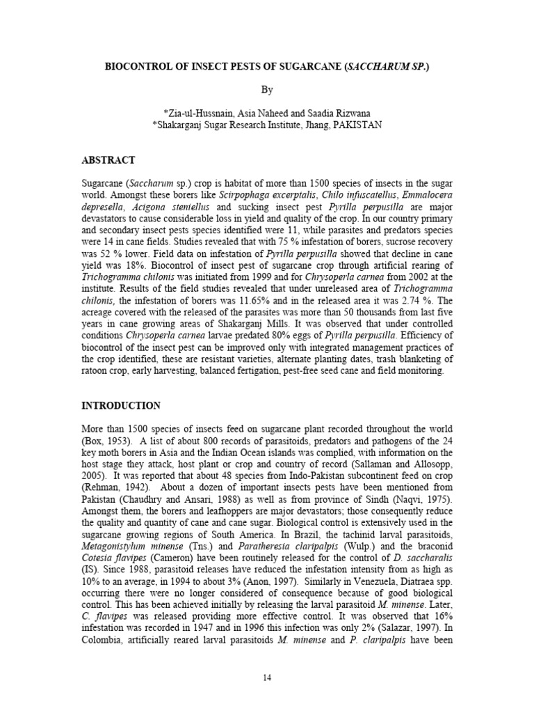 Biocontrol of Insect Pests of Sugarcane (Saccharum SP.) | PDF ...