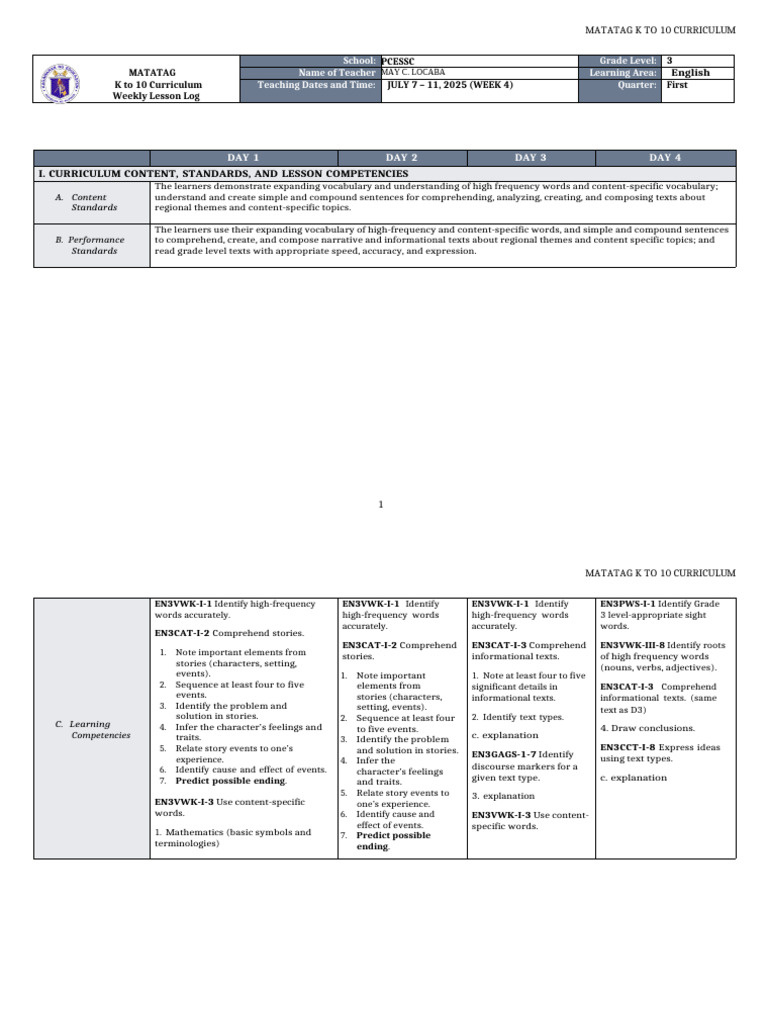 DLL Matatag English 3 q1 w4 | PDF | Learning | Curriculum